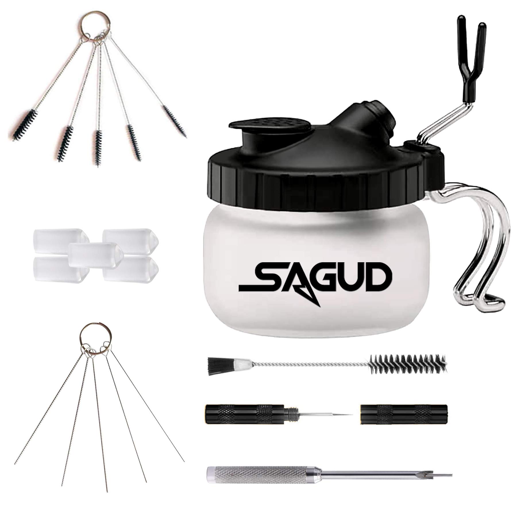SAGUD 19 Piece Airbrush Cleaning Kit, Glass Airbrush Cleaning Pot with Holder, 5 Cleaning Brushes, 5 Cleaning Needles, 1 Washing Needle, 1 Repair Tool, Air Brush Protection Covers.