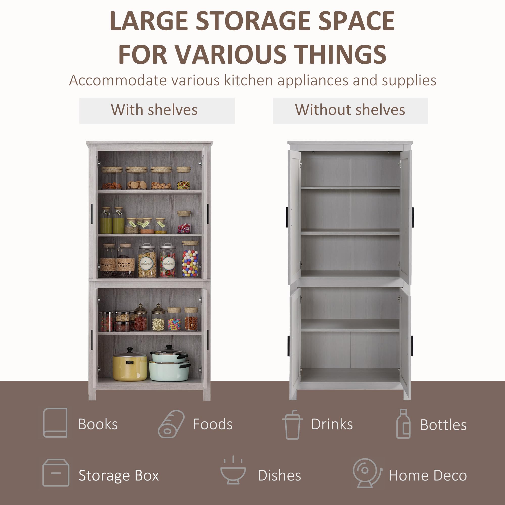 HOMCOM 64" Kitchen Pantry Cabinet, Freestanding Storage Cabinet with 4 Doors and 3 Adjustable Shelves for Dining Room, White
