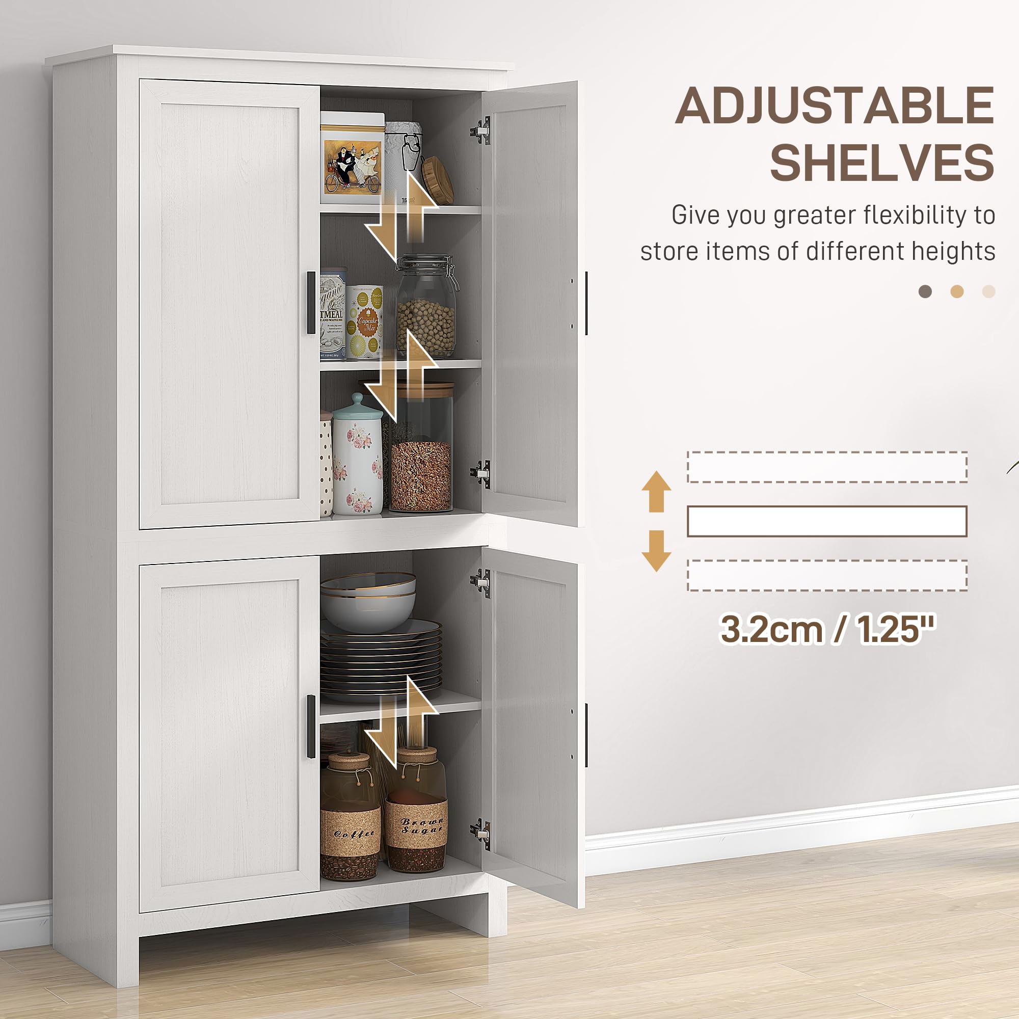 HOMCOM 64" Kitchen Pantry Cabinet, Freestanding Storage Cabinet with 4 Doors and 3 Adjustable Shelves for Dining Room, White
