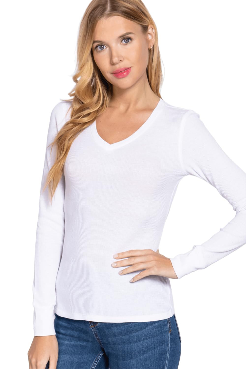 Women's Lightweight Long Sleeve V Neck Thermal Underwear Top Sweater Sweatshirt in White - S