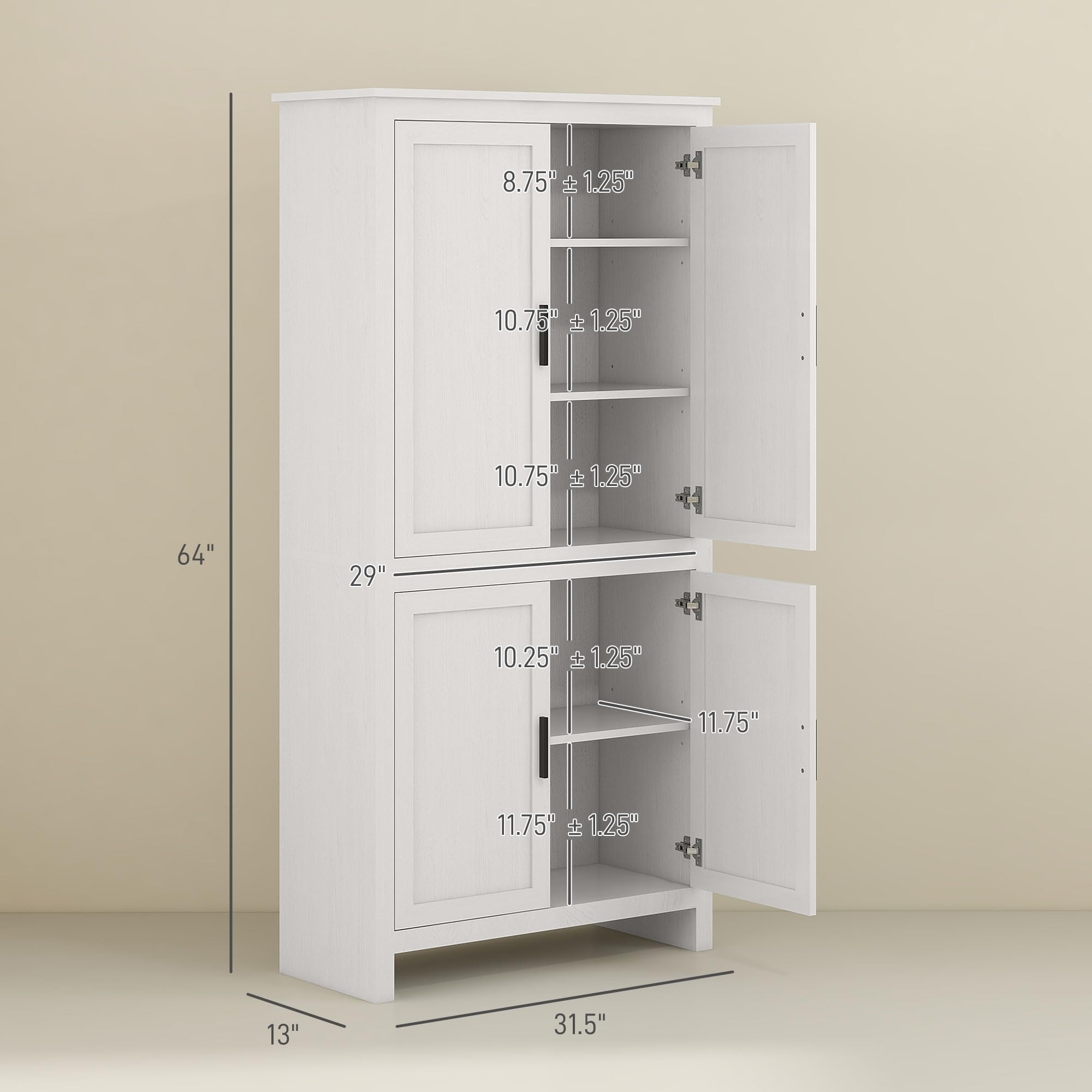 HOMCOM 64" Kitchen Pantry Cabinet, Freestanding Storage Cabinet with 4 Doors and 3 Adjustable Shelves for Dining Room, White