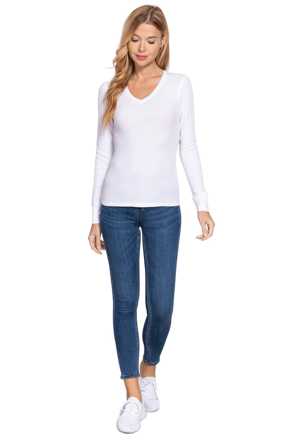 Women's Lightweight Long Sleeve V Neck Thermal Underwear Top Sweater Sweatshirt in White - S