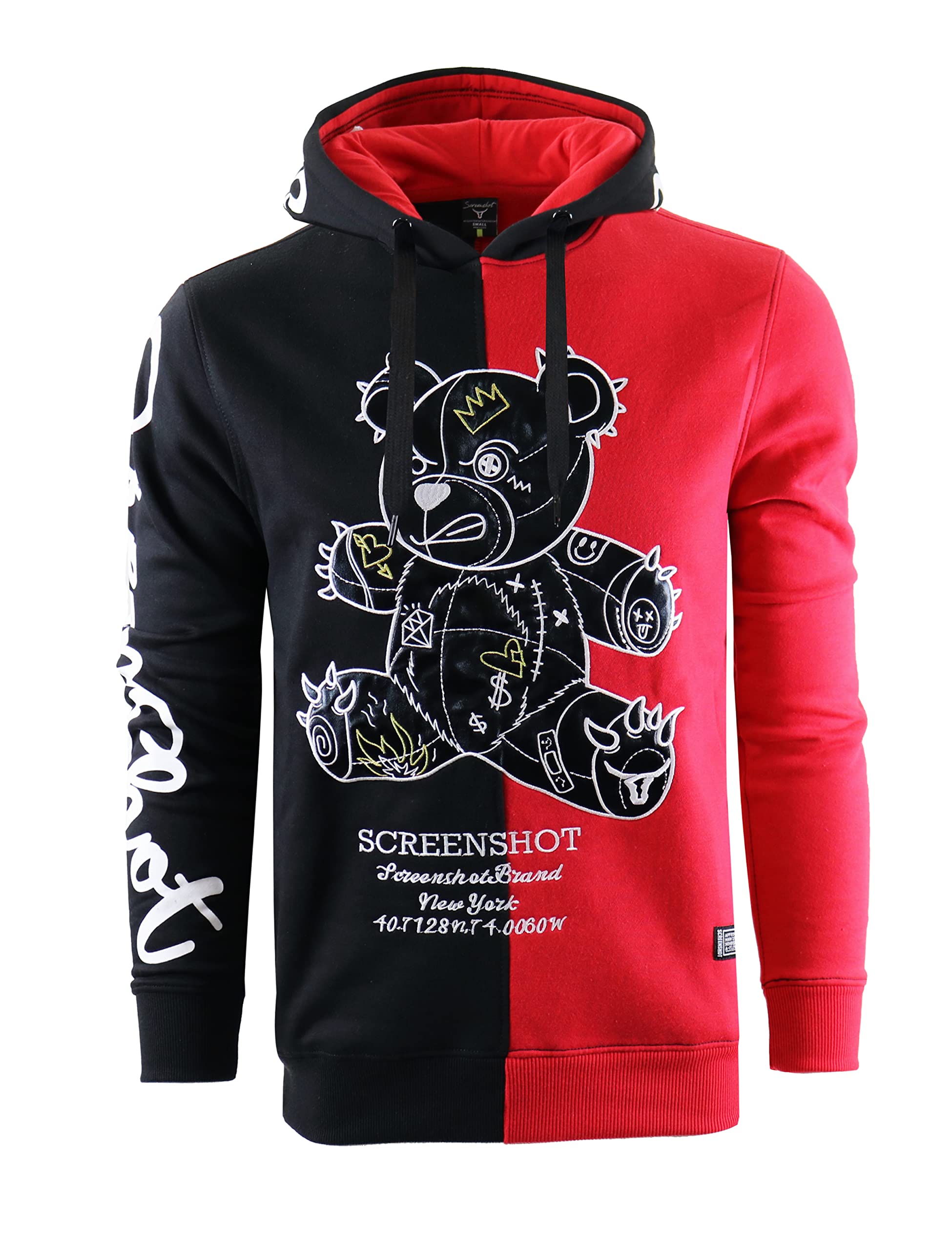 SCREENSHOT-H1113 Mens Urban Hip Hop Premium Fleece Hoodie - Shiny Black Bear Animation Cartoon Half Color Block Hooded Sweatshirt-Black/Red-3XLarge