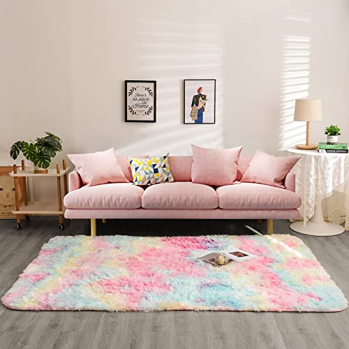 A Nice Night Shaggy Fluffy Faux Fur Area Rug,Tie Dye Style,Soft, Luxurious Shag Carpet Rugs for Nursery Rug, Bedroom, Living Room, Luxury Bed Side Plush Carpets, Rectangle (Light-Pink, 4' x 6')