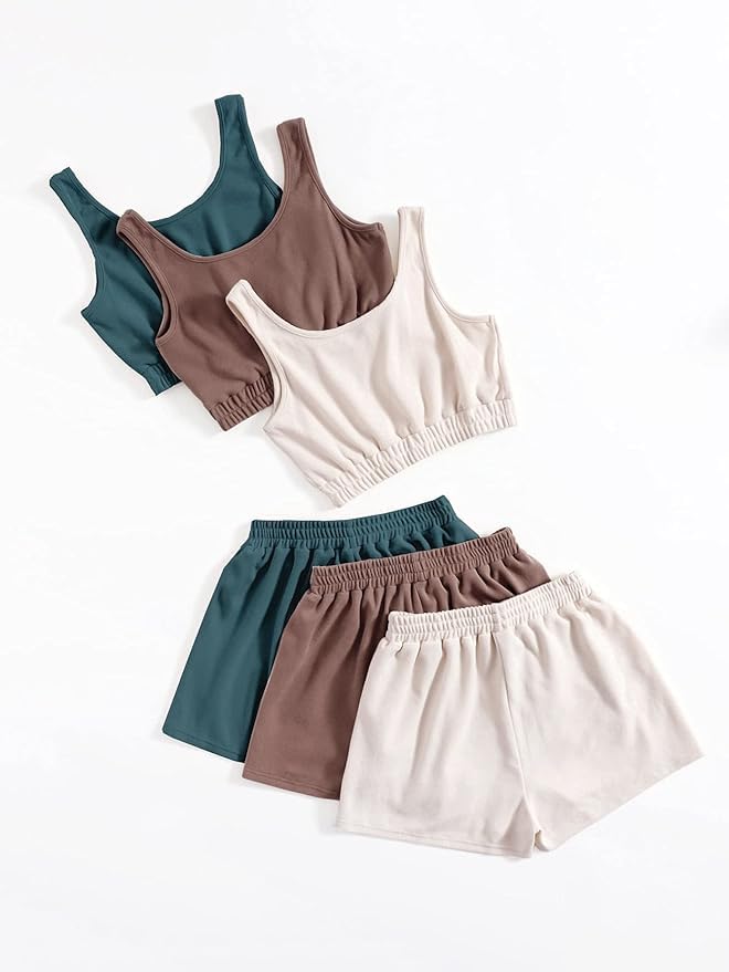 SheIn Women's 6 Pieces Outfits Crop Tank Top and Elastic Waist Shorts Set Multicolor Blue Medium