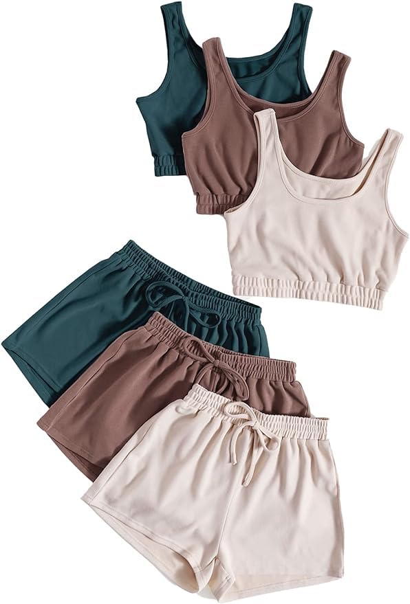 SheIn Women's 6 Pieces Outfits Crop Tank Top and Elastic Waist Shorts Set Multicolor Blue Medium