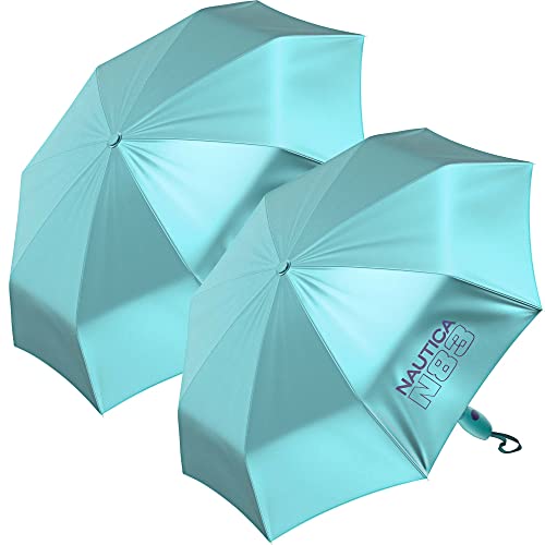 Nautica 2-Pack 3-Section Auto Open Umbrella - Sturdy Rainy Day Protection with Ergonomic Handle, 42” of Coverage (Aqua + Navy Lettering)