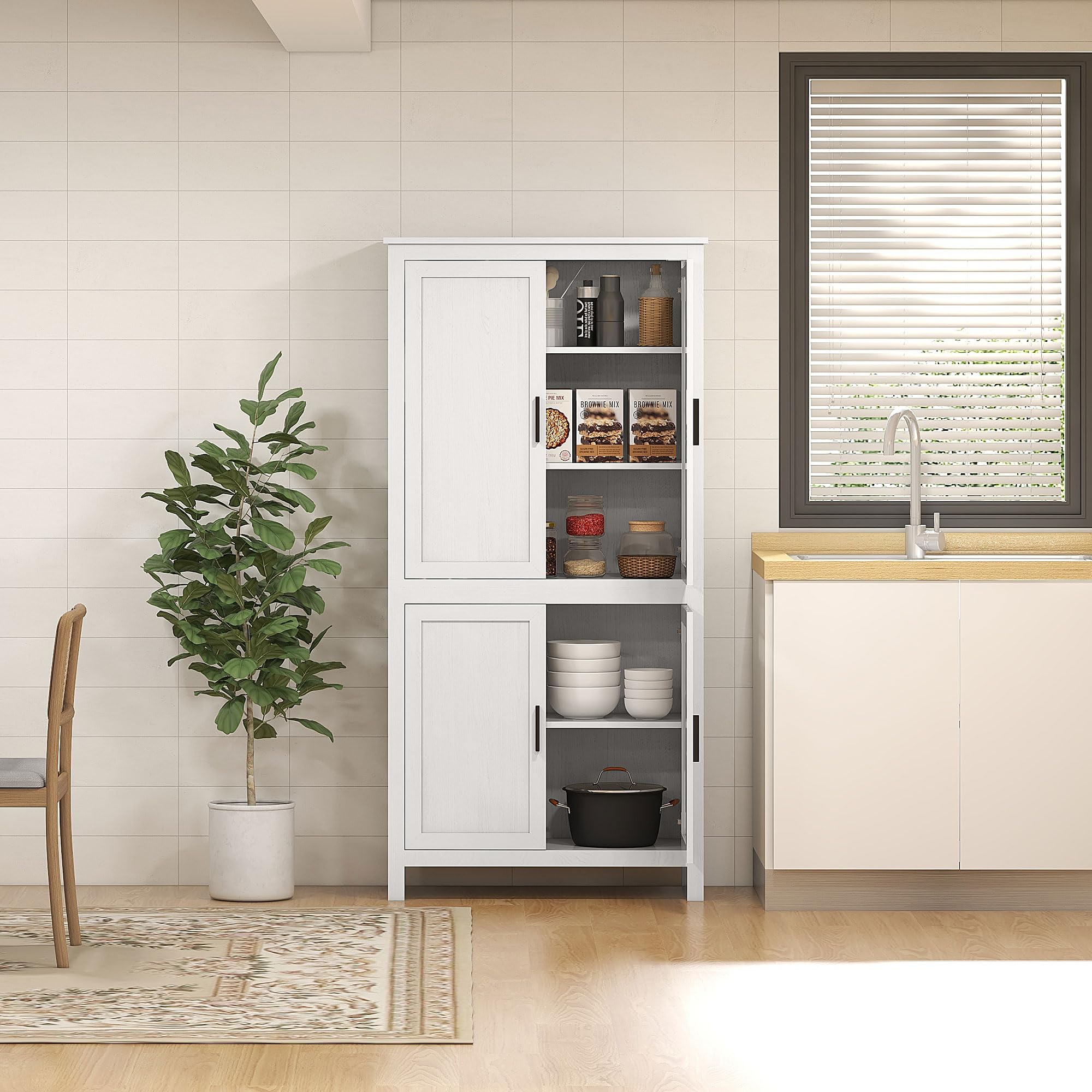 HOMCOM 64" Kitchen Pantry Cabinet, Freestanding Storage Cabinet with 4 Doors and 3 Adjustable Shelves for Dining Room, White