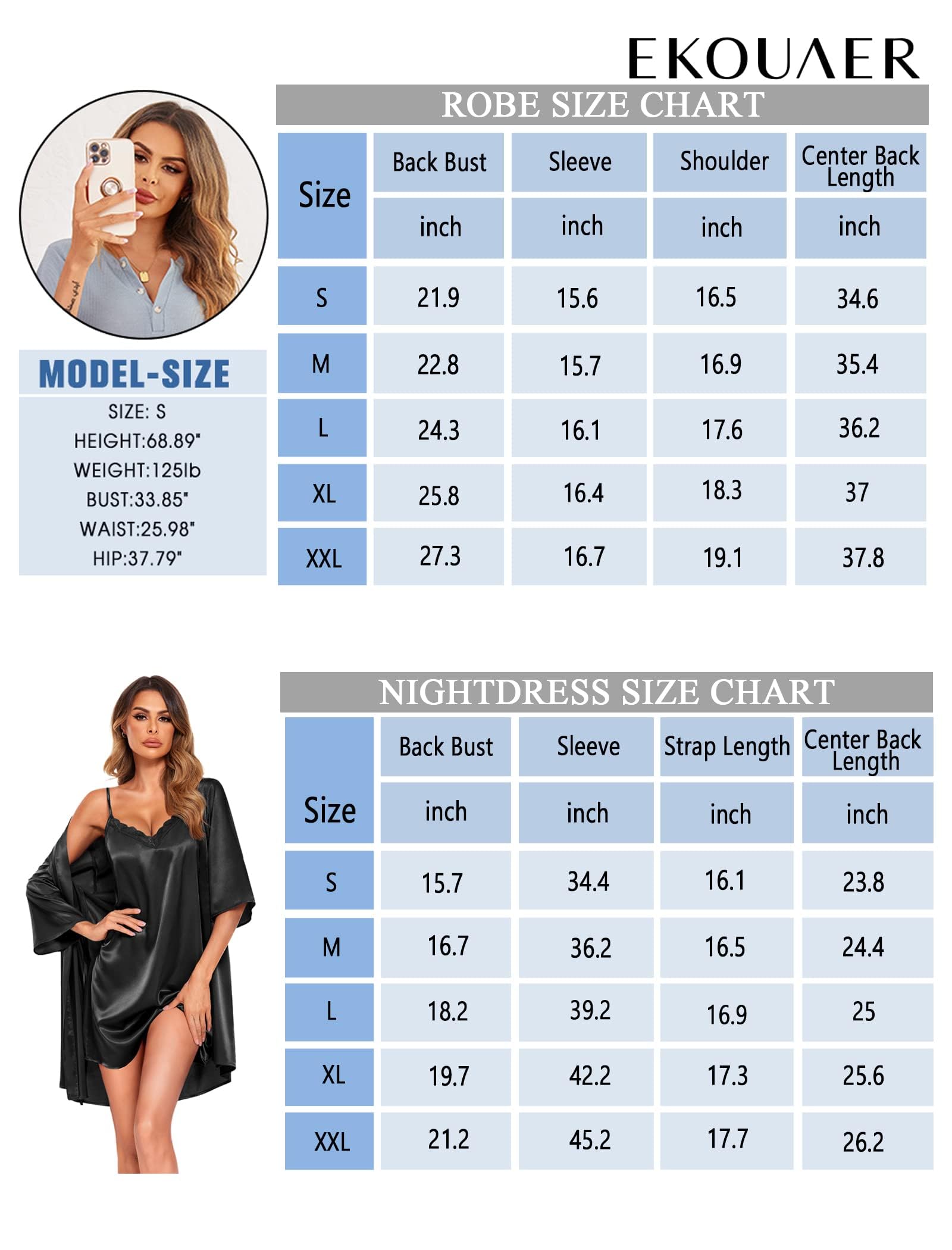 Ekouaer Women's Satin Robe Set Lace Sexy Lingerie Robe Wedding Nightgown 2pcs Cami Bride Party Silk Pajamas Set