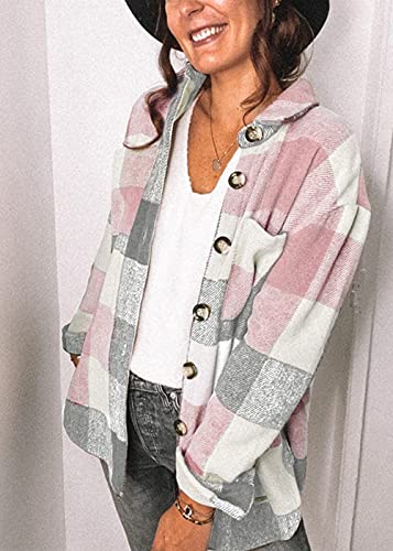 PRETTYGARDEN Women's Fall Clothes Plaid Shacket Jacket Trendy Casual Long Sleeve Button Down Flannel Shirts Fashion Blouse(Pink,Large)