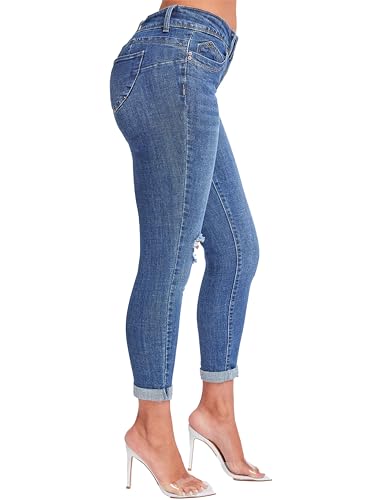 YMI Junior Women’s Wannabettabutt 2 Button Mid Rise Distressed Cuffed Denim Jeans (Medium wash Denim,3)