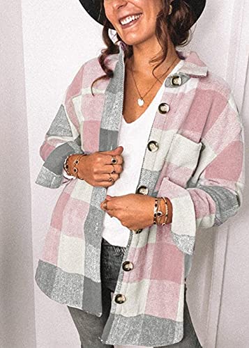 PRETTYGARDEN Women's Fall Clothes Plaid Shacket Jacket Trendy Casual Long Sleeve Button Down Flannel Shirts Fashion Blouse(Pink,Large)