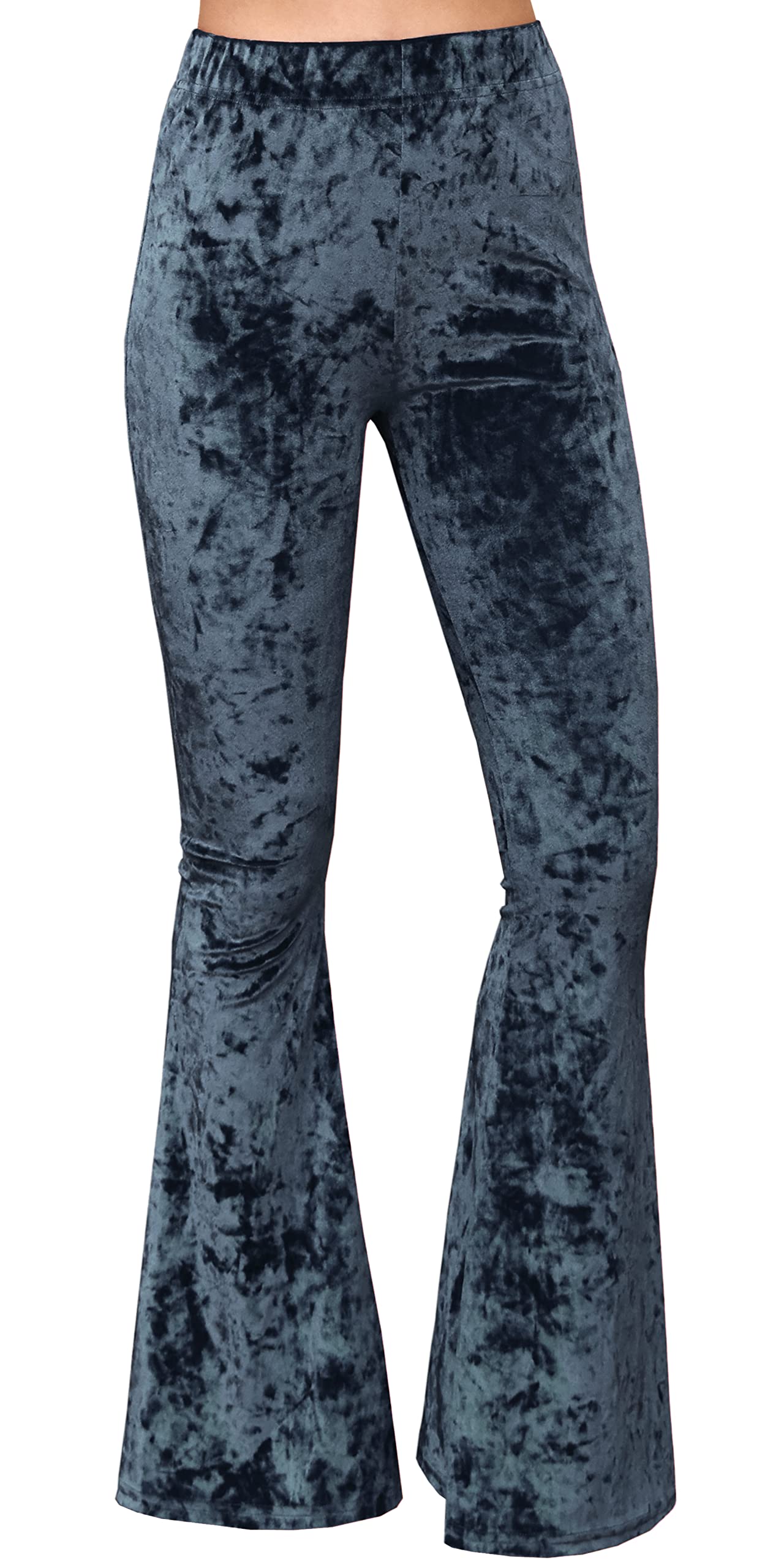 Daisy Del Sol Crushed Velvet High Waisted Comfy Soft Stretch 70s Yoga Loungewear Bell Bottom Flare Pants (Large, Indigo)