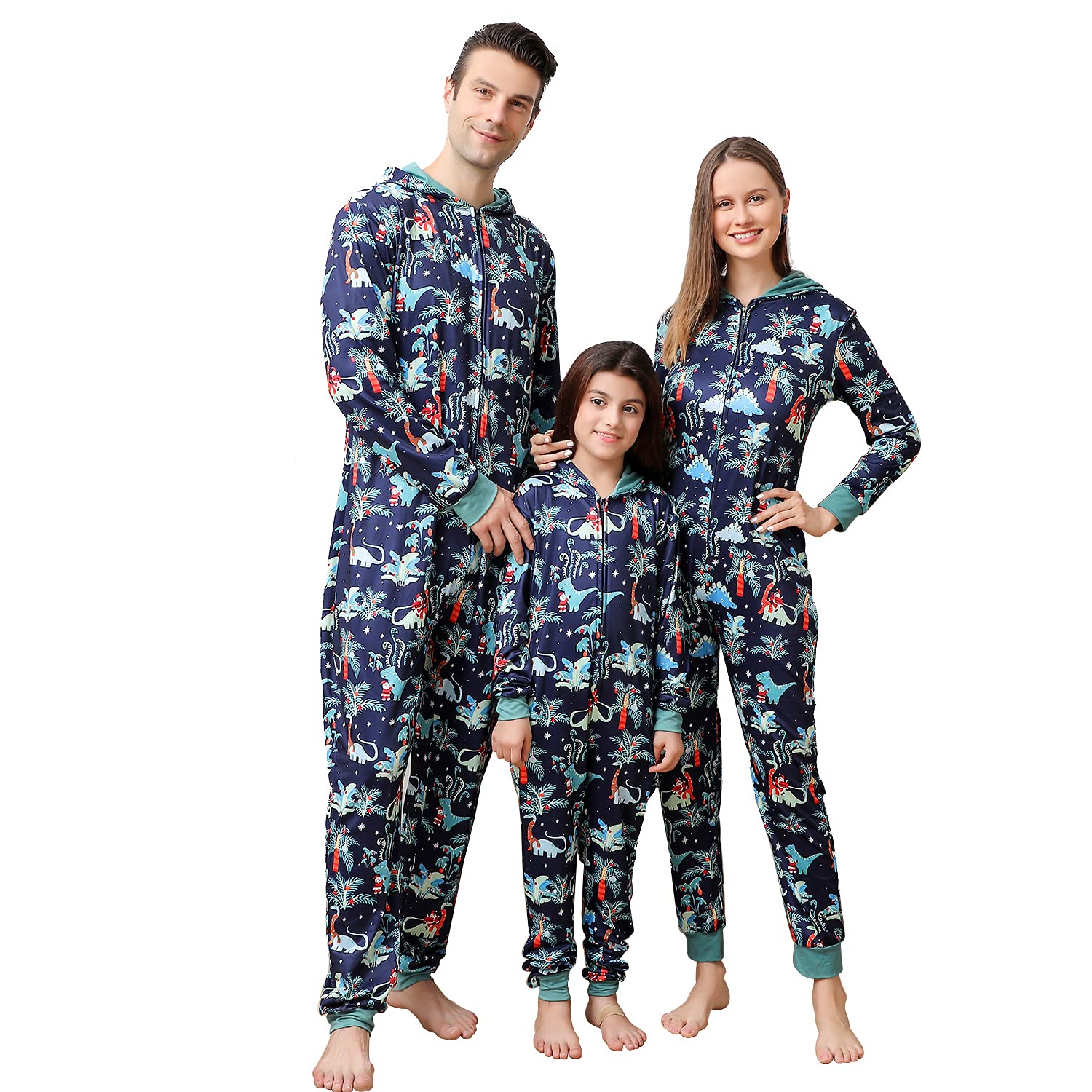 ANGELGGH Onesie Christmas Family Matching Pajamas Adult Couples Men PJs Hooded Women Novelty One-piece Sleepwear (Youth, 2-3T, Dinosaur)