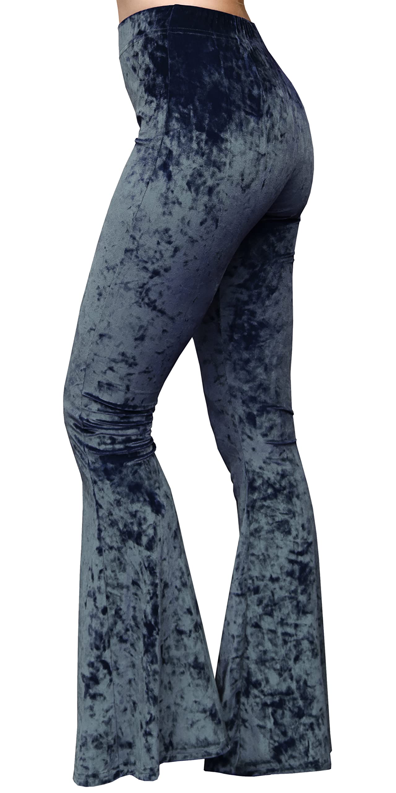Daisy Del Sol Crushed Velvet High Waisted Comfy Soft Stretch 70s Yoga Loungewear Bell Bottom Flare Pants (Large, Indigo)