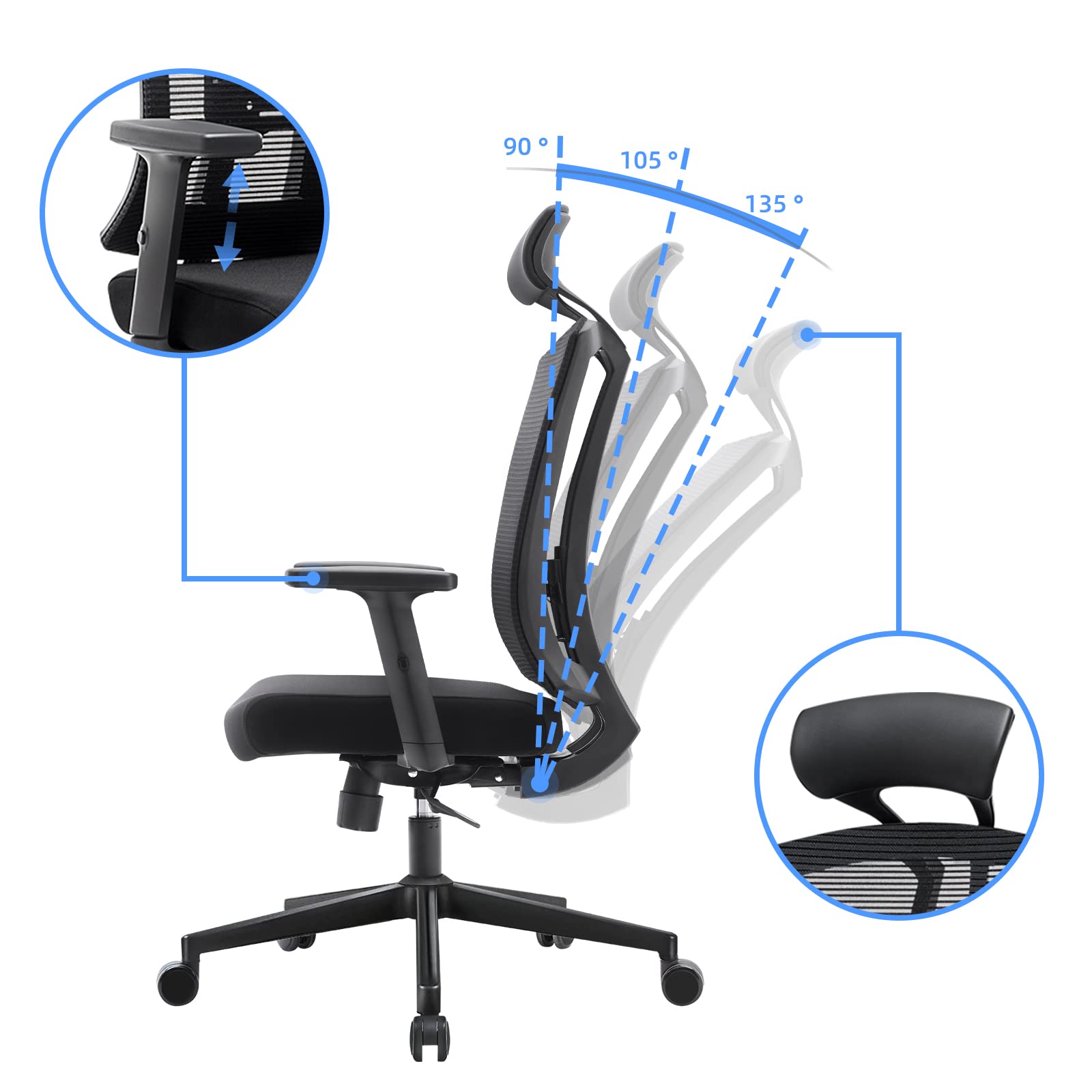 TUOMUR Office Chair Ergonomic Desk Chair Breathable Mesh Computer Chair Adjustable Height with Lumbar Support Armrest Executive Rolling Swivel Adjustable Task Chair for Home Office, Black