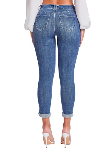YMI Junior Women’s Wannabettabutt 2 Button Mid Rise Distressed Cuffed Denim Jeans (Medium wash Denim,3)