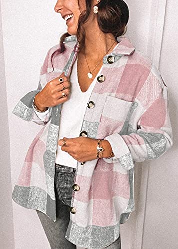PRETTYGARDEN Women's Fall Clothes Plaid Shacket Jacket Trendy Casual Long Sleeve Button Down Flannel Shirts Fashion Blouse(Pink,Large)