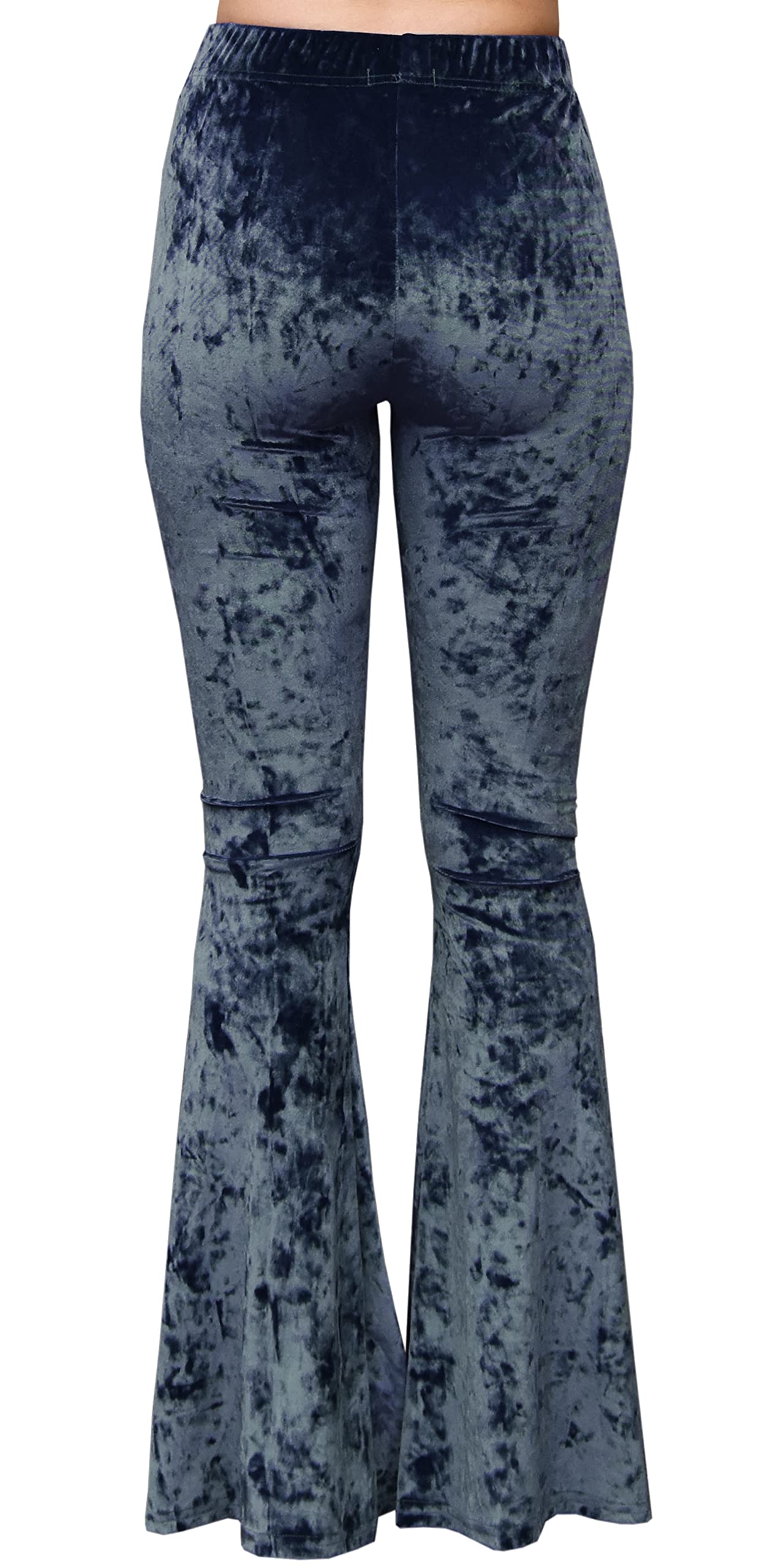 Daisy Del Sol Crushed Velvet High Waisted Comfy Soft Stretch 70s Yoga Loungewear Bell Bottom Flare Pants (Large, Indigo)