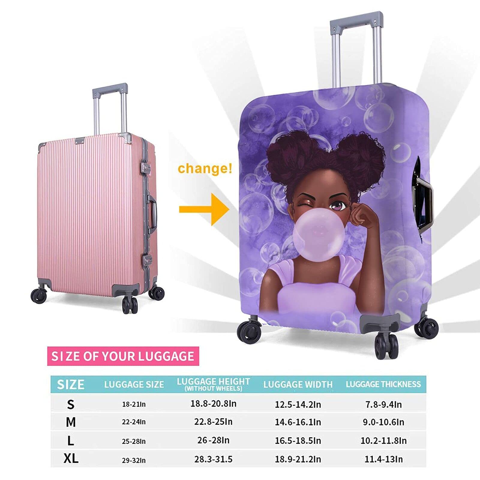 ZgaidIta Black Girl Bubble Luggage Cover Washable Suitcase Protector Anti-scratch Suitcase cover S(18-22 inch luggage)