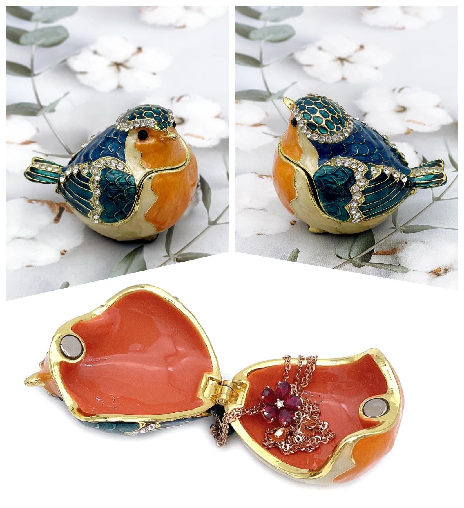JWT Astyle Robin Bird Hinged Jewelry Box with Stones , Collectible Animal Trinket Box.Rings Earrings Storage Boxes,Bird Figurine Home Decor Gift.