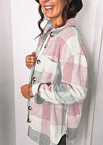 PRETTYGARDEN Women's Fall Clothes Plaid Shacket Jacket Trendy Casual Long Sleeve Button Down Flannel Shirts Fashion Blouse(Pink,Large)