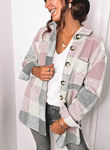 PRETTYGARDEN Women's Fall Clothes Plaid Shacket Jacket Trendy Casual Long Sleeve Button Down Flannel Shirts Fashion Blouse(Pink,Large)