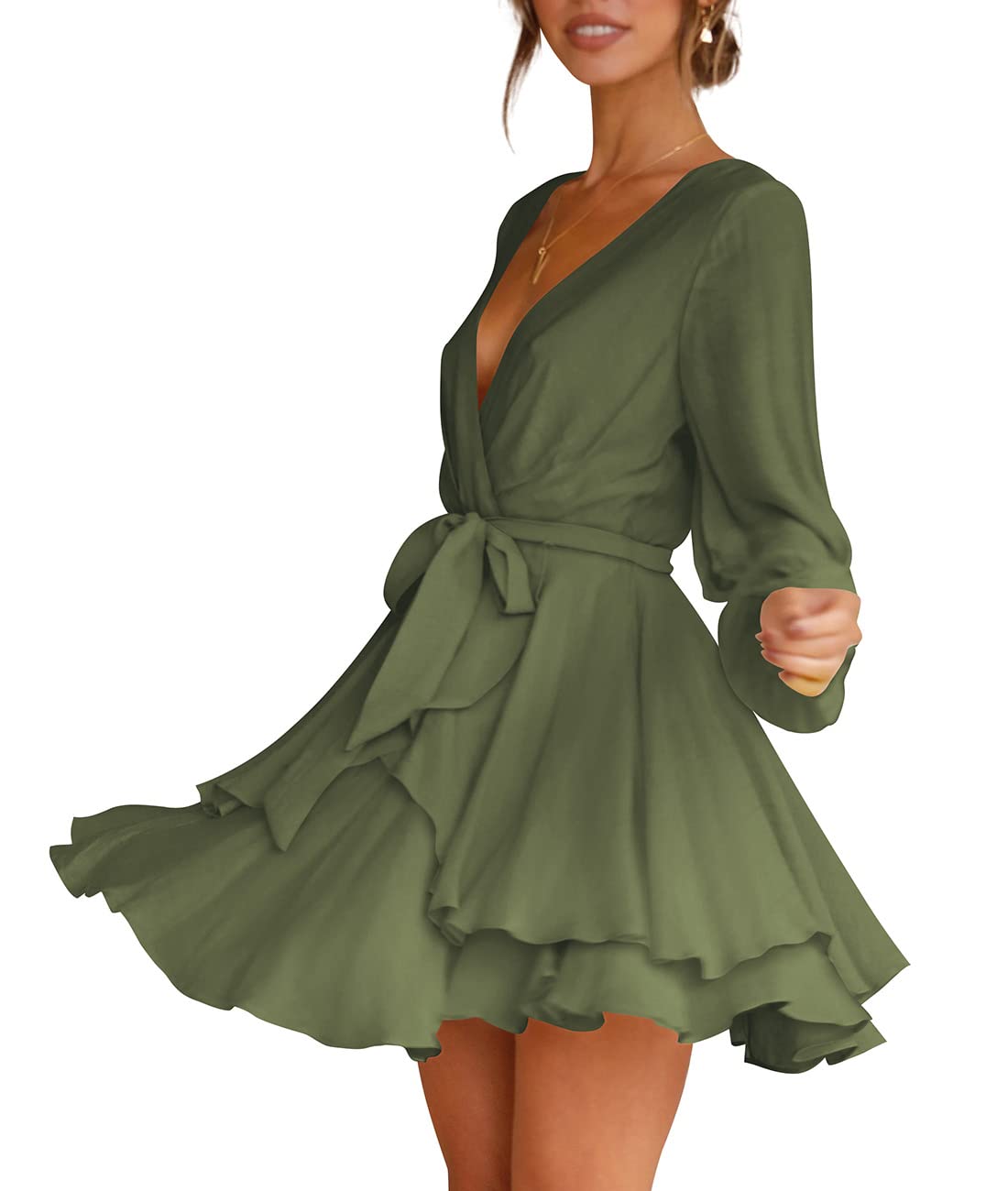 Cosonsen Womens Short Dresses Deep V-Neck Long Sleeve Flare Hem Mini Dress Green XL