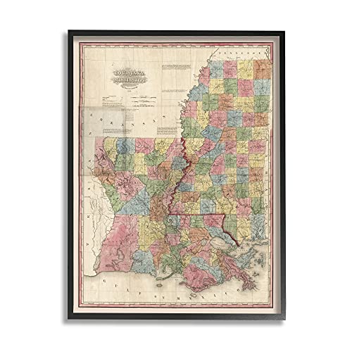 Stupell Industries State Map of Louisiana Mississippi Vintage US Cartography, Design by Daphne Polselli Black Framed Wall Art, 11 x 14, Multi-Color