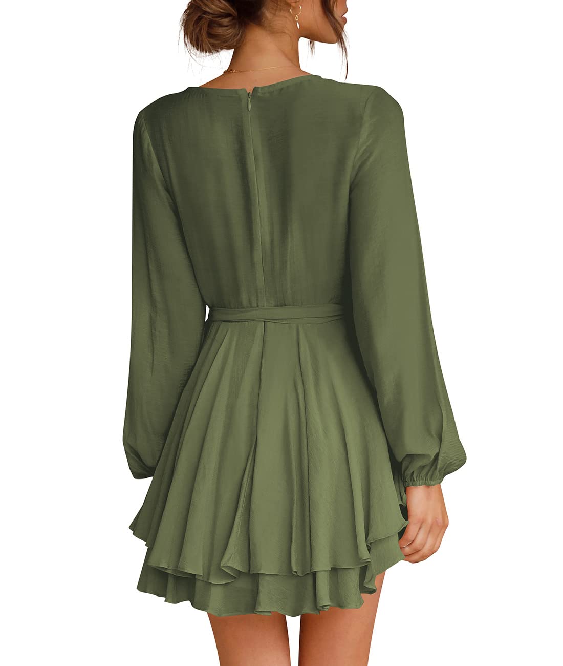 Cosonsen Womens Short Dresses Deep V-Neck Long Sleeve Flare Hem Mini Dress Green XL