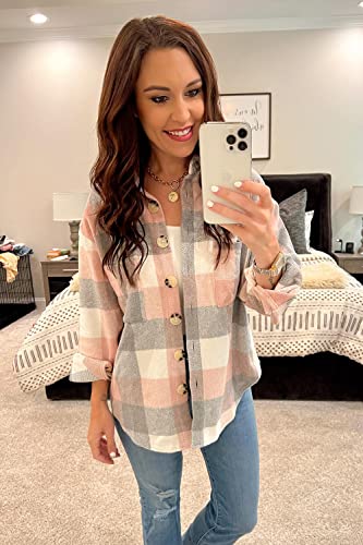 PRETTYGARDEN Women's Fall Clothes Plaid Shacket Jacket Trendy Casual Long Sleeve Button Down Flannel Shirts Fashion Blouse(Pink,Large)