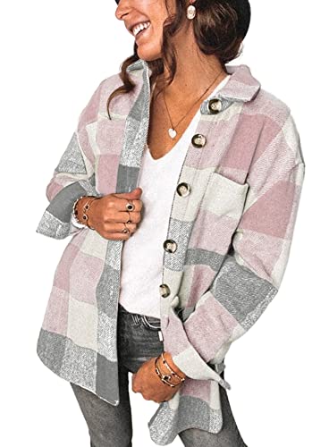 PRETTYGARDEN Women's Fall Clothes Plaid Shacket Jacket Trendy Casual Long Sleeve Button Down Flannel Shirts Fashion Blouse(Pink,Large)