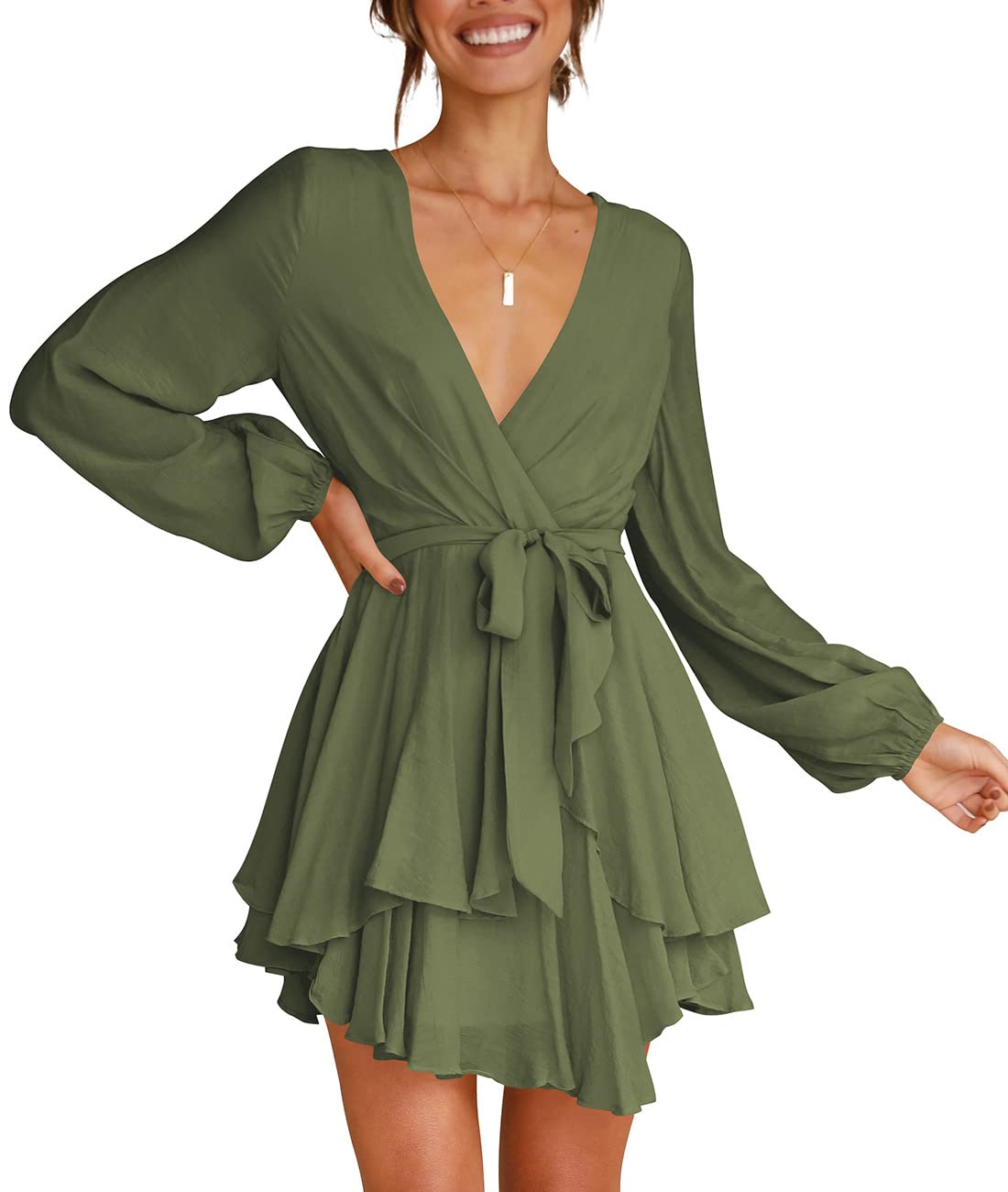 Cosonsen Womens Short Dresses Deep V-Neck Long Sleeve Flare Hem Mini Dress Green XL