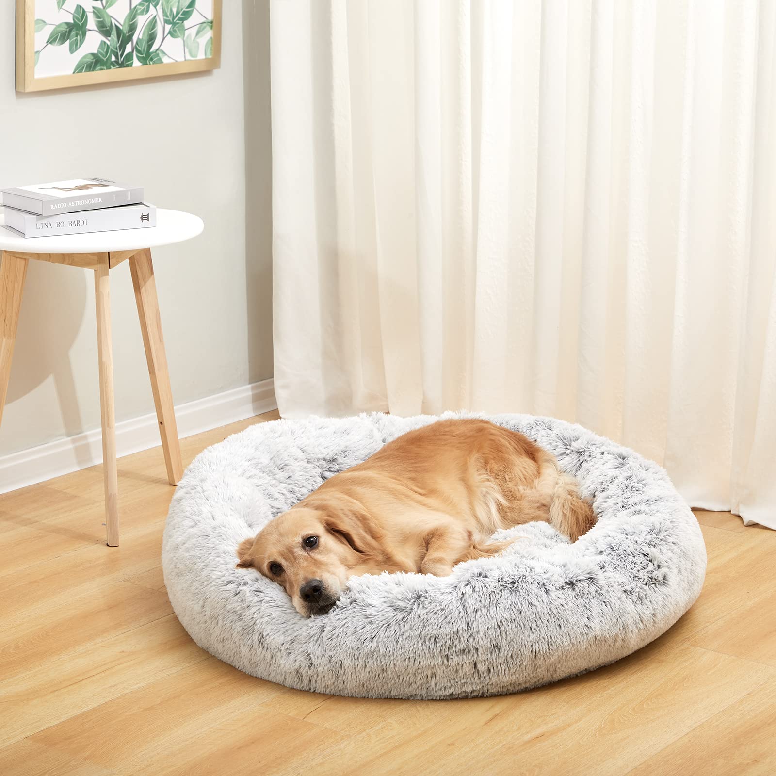 Bedfolks Calming Donut Dog Bed, 36 Inches Round Fluffy Dog Beds for Large Dogs, Anti-Anxiety Plush Dog Bed, Machine Washable Pet Bed (Light Grey, Large)
