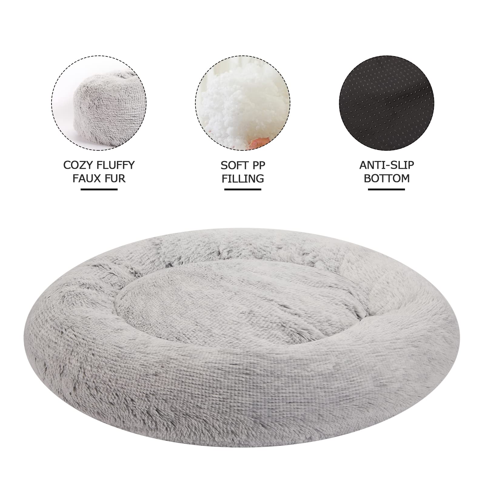Bedfolks Calming Donut Dog Bed, 36 Inches Round Fluffy Dog Beds for Large Dogs, Anti-Anxiety Plush Dog Bed, Machine Washable Pet Bed (Light Grey, Large)