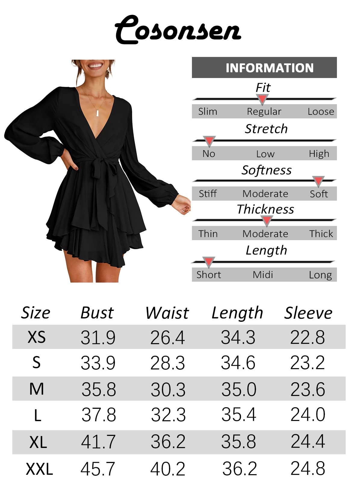 Cosonsen Womens Short Dresses Deep V-Neck Long Sleeve Flare Hem Mini Dress Green XL