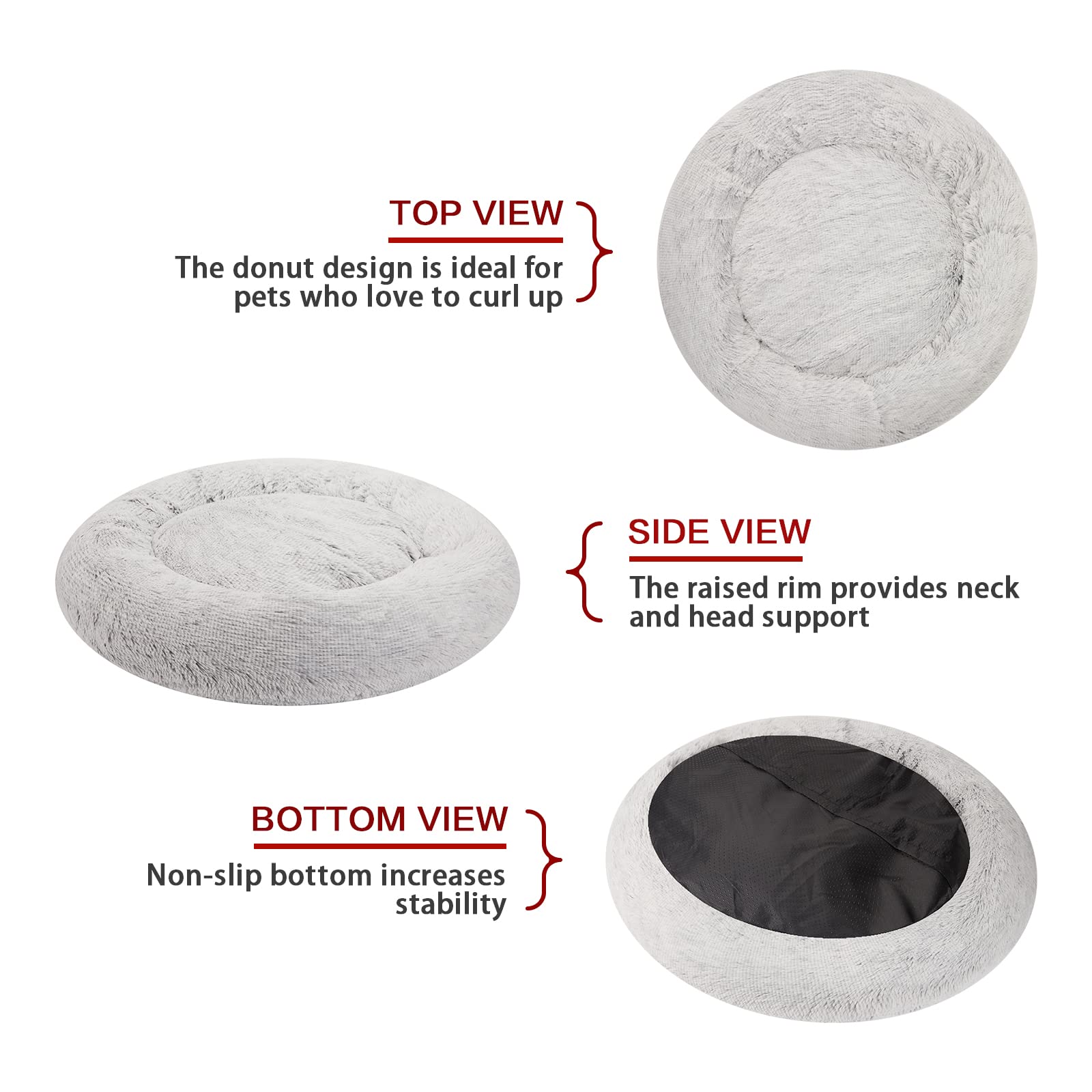 Bedfolks Calming Donut Dog Bed, 36 Inches Round Fluffy Dog Beds for Large Dogs, Anti-Anxiety Plush Dog Bed, Machine Washable Pet Bed (Light Grey, Large)