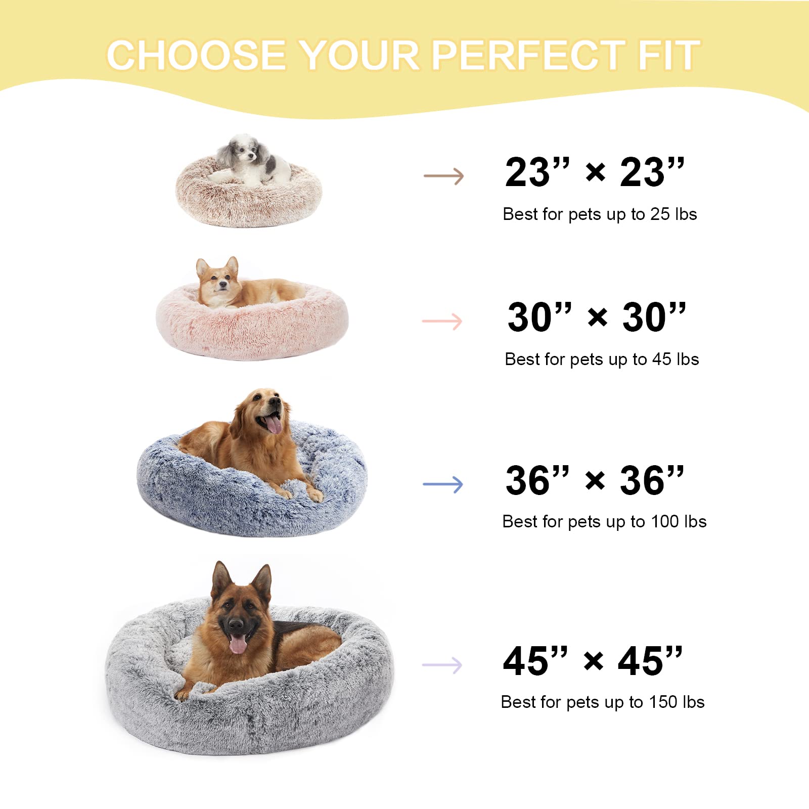 Bedfolks Calming Donut Dog Bed, 36 Inches Round Fluffy Dog Beds for Large Dogs, Anti-Anxiety Plush Dog Bed, Machine Washable Pet Bed (Light Grey, Large)