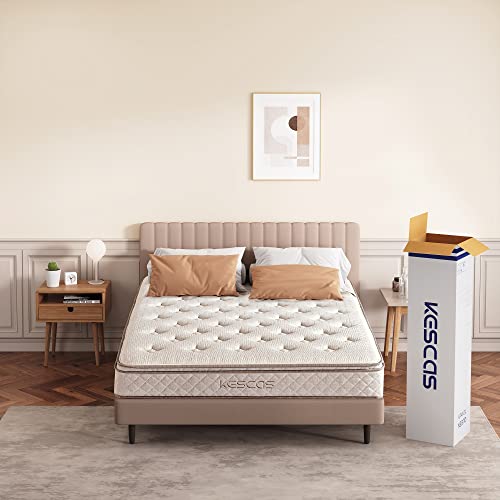 Kescas 10 Inch Memory Foam Hybrid Full Mattress - Knitted Fabric Cover with Linen - Heavier Coils for Durable Support - Pocket Innersprings for Motion Isolation - Pressure Relieving - Medium Firm
