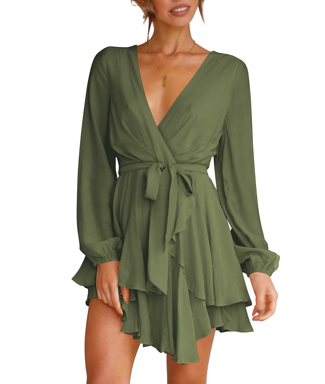 Cosonsen Womens Short Dresses Deep V-Neck Long Sleeve Flare Hem Mini Dress Green XL