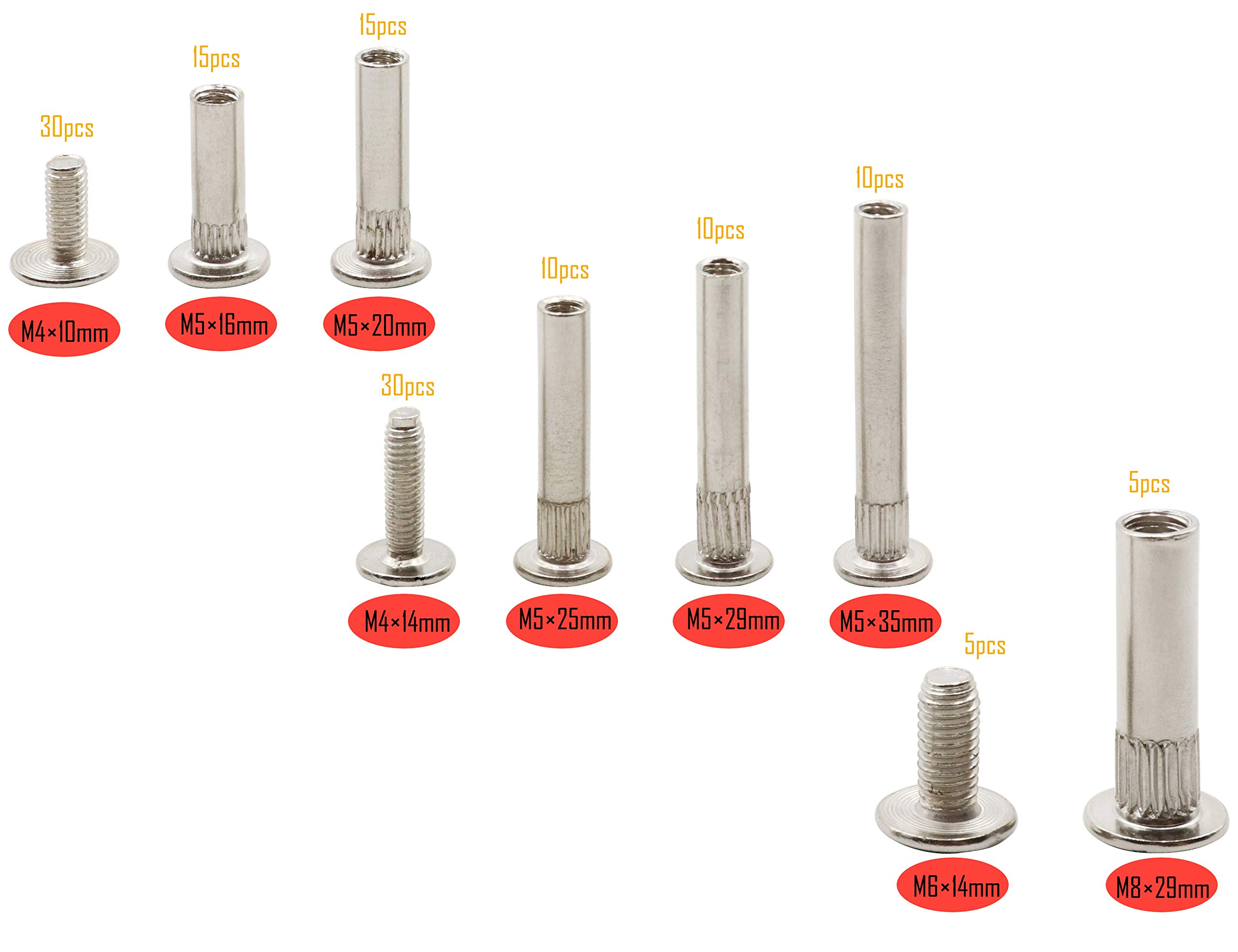 LBY 130pcs Phillips Chicago Screws, M5 x 16/20/25/29/35mm, M8 x29mm Rivet Screws Assortment Kit, Binding Screw Posts, Furniture Hardware Fitting, Carbon Steel, Nickel-Plated