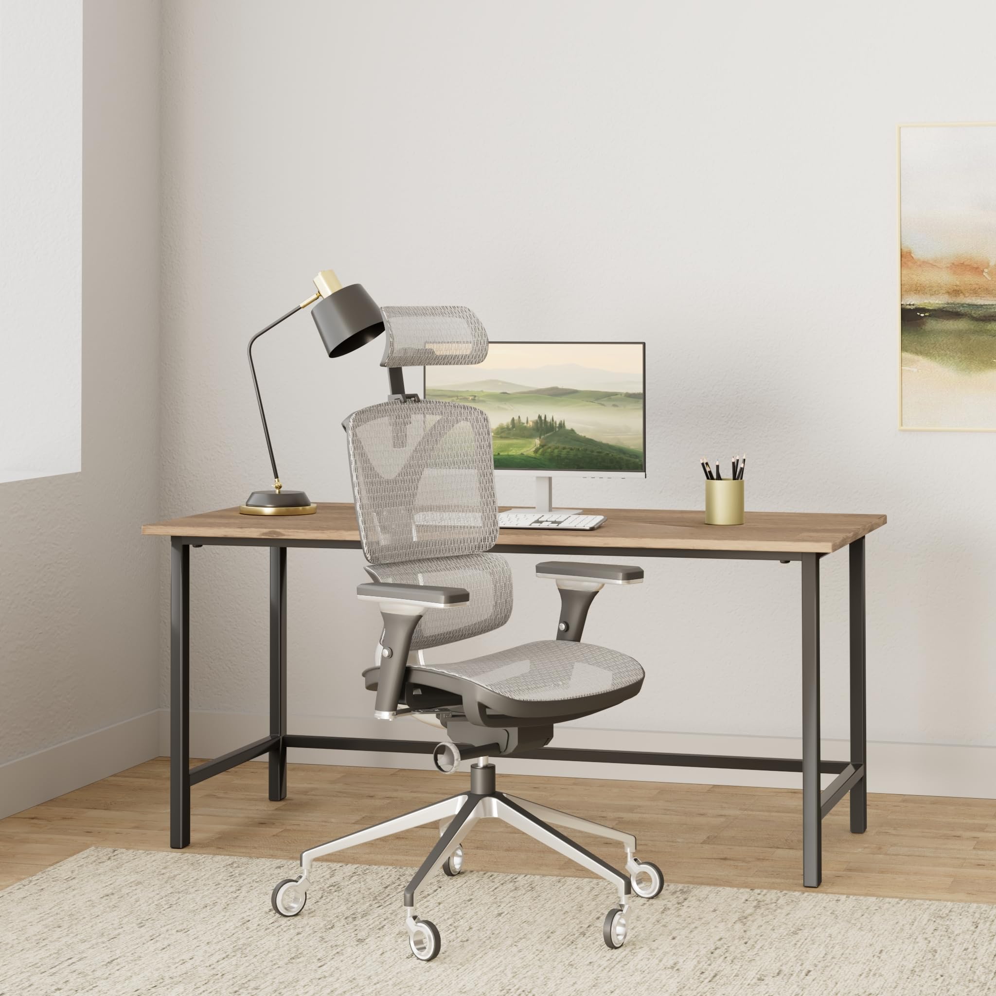 Nouhaus Ergonomic Office Chair Lumbar Support Aluminum Alloy Backrest, Big and Tall Mesh Computer Desk Chair with Adjustable Headrest, 4D Armrest and Premium Wheels(ErgoPRO,Silver)