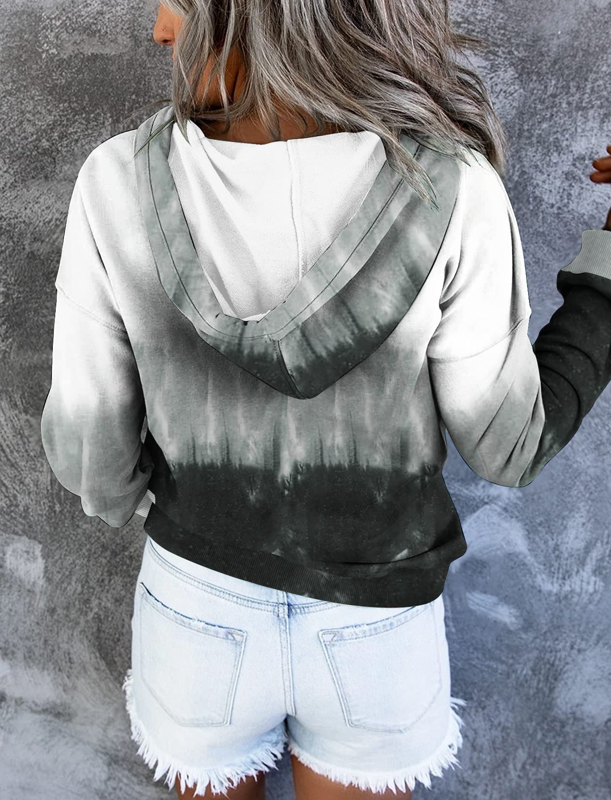 FARORO Hoodies for Women Pullover Tie Dye Gradient Sweatshirts Loungewear Long Sleeve Sports Top Workout with Buttons Grey