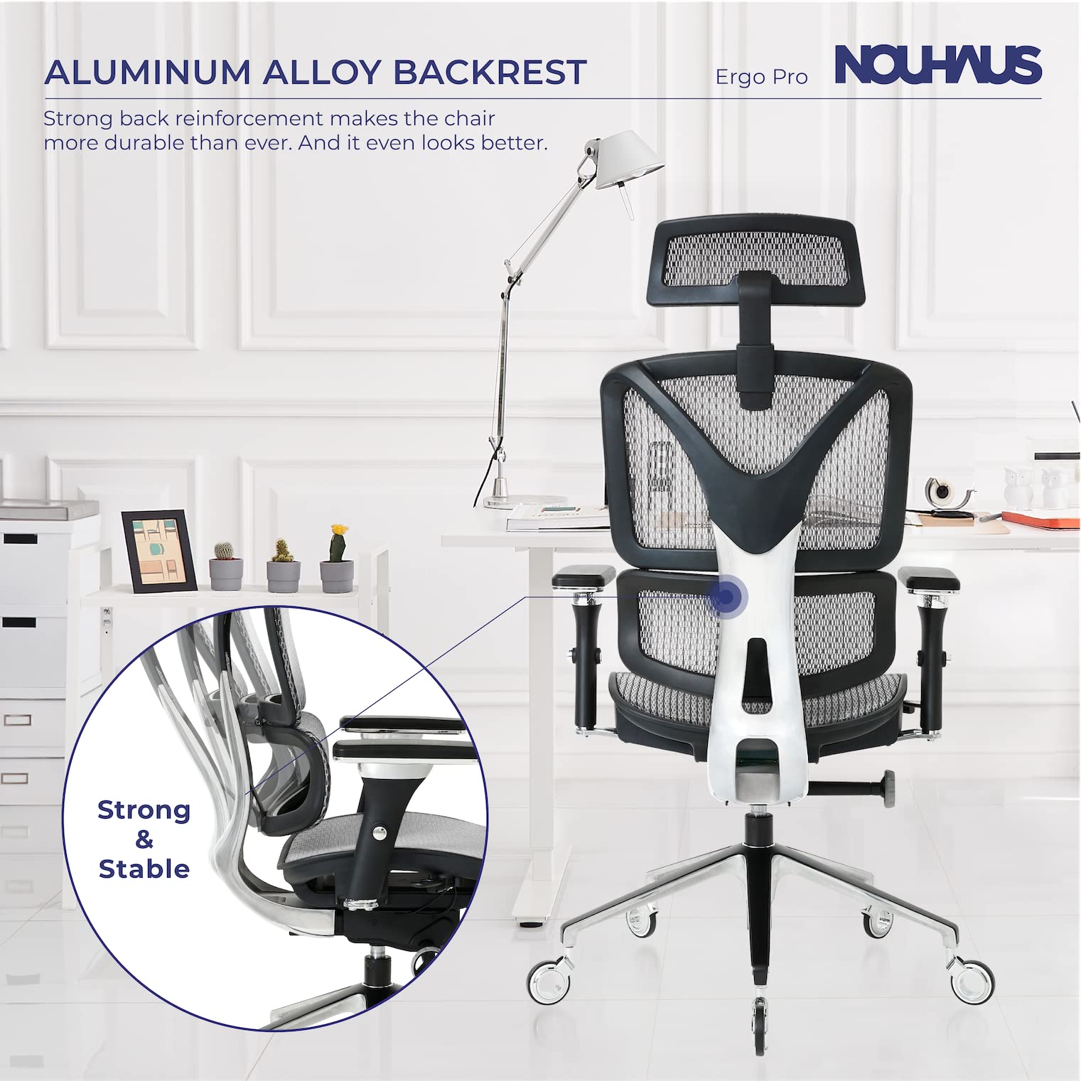 Nouhaus Ergonomic Office Chair Lumbar Support Aluminum Alloy Backrest, Big and Tall Mesh Computer Desk Chair with Adjustable Headrest, 4D Armrest and Premium Wheels(ErgoPRO,Silver)