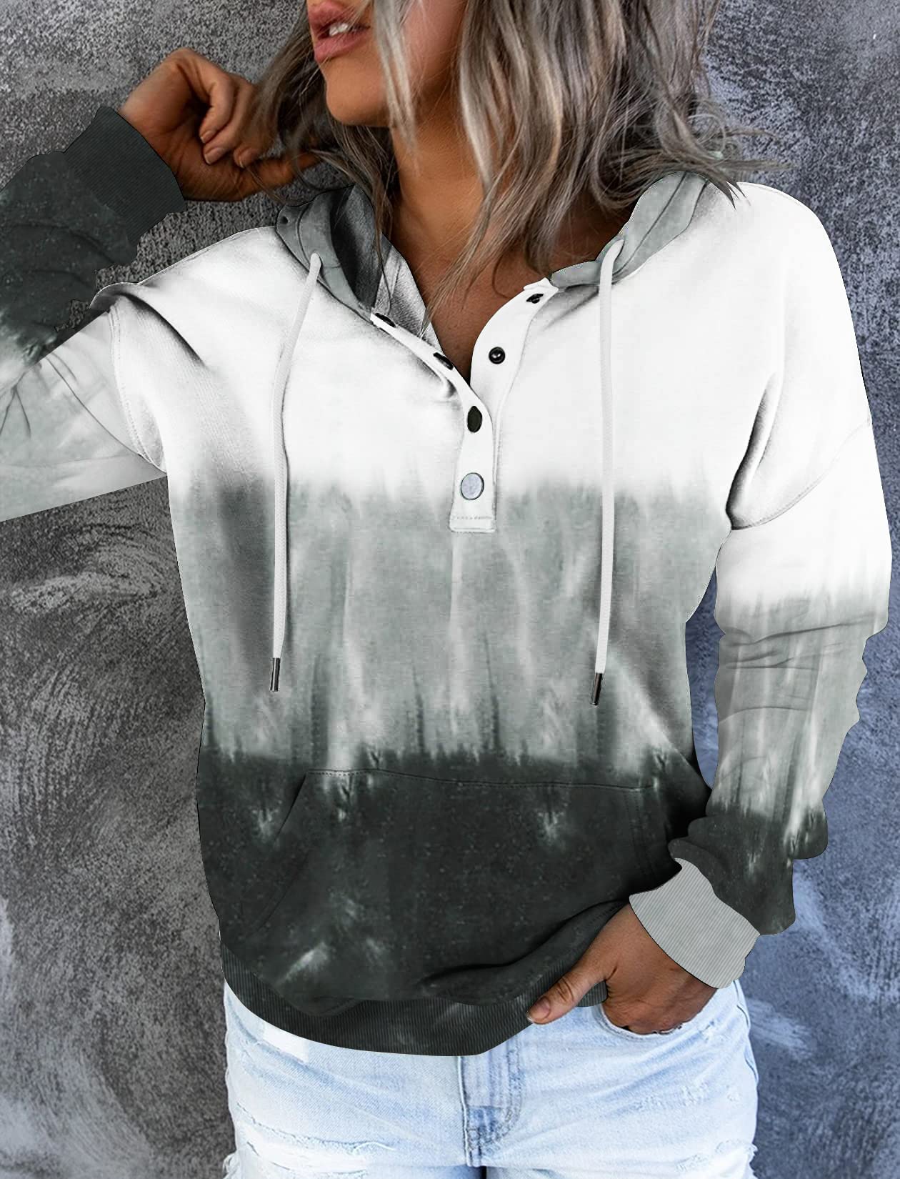FARORO Hoodies for Women Pullover Tie Dye Gradient Sweatshirts Loungewear Long Sleeve Sports Top Workout with Buttons Grey