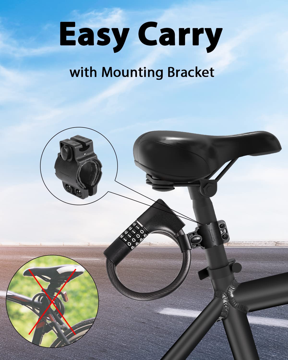 KEYSTP Bike Lock Cable with Combination Key,Password Lost Retrievable Bicycle Lock Anti-Theft,Resettable with Mounting Bracket for Bikes and Scooters