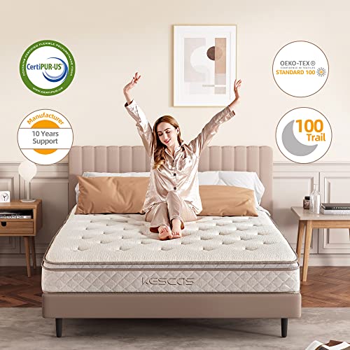 Kescas 10 Inch Memory Foam Hybrid Full Mattress - Knitted Fabric Cover with Linen - Heavier Coils for Durable Support - Pocket Innersprings for Motion Isolation - Pressure Relieving - Medium Firm