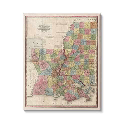 Stupell Industries State Map of Louisiana Mississippi Vintage US Cartography, Design by Daphne Polselli Canvas Wall Art, 16 x 20, Multi-Color