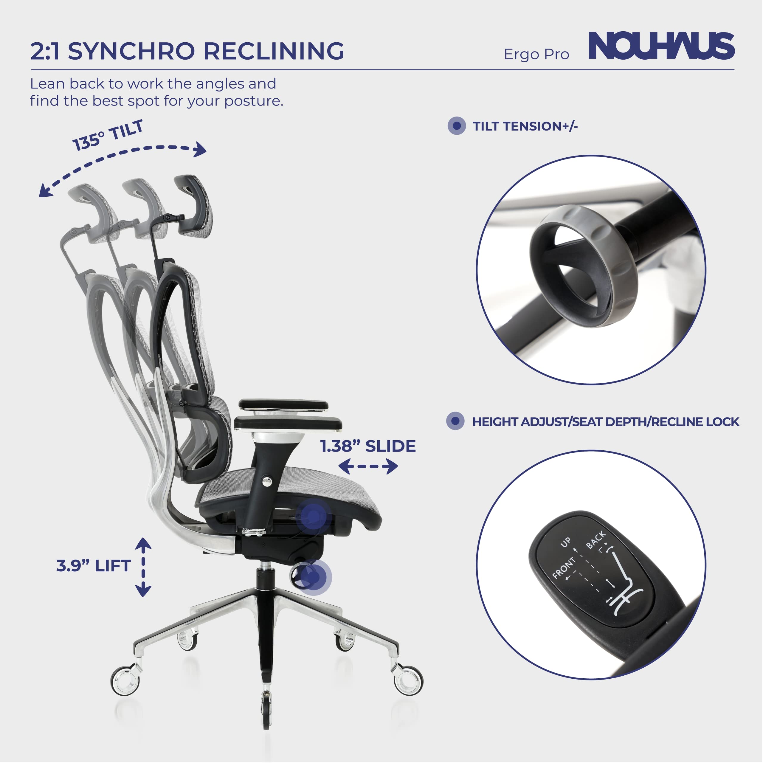 Nouhaus Ergonomic Office Chair Lumbar Support Aluminum Alloy Backrest, Big and Tall Mesh Computer Desk Chair with Adjustable Headrest, 4D Armrest and Premium Wheels(ErgoPRO,Silver)
