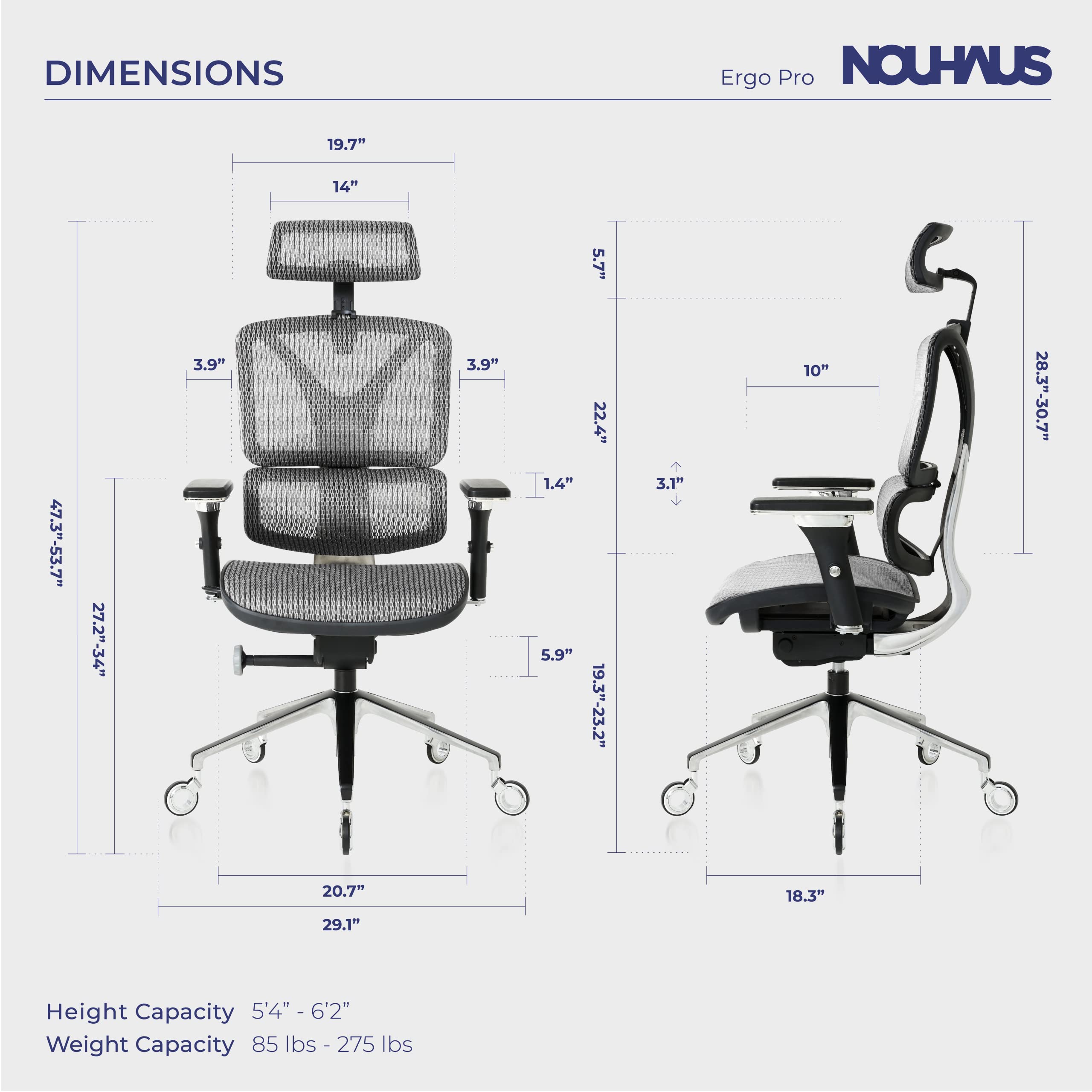 Nouhaus Ergonomic Office Chair Lumbar Support Aluminum Alloy Backrest, Big and Tall Mesh Computer Desk Chair with Adjustable Headrest, 4D Armrest and Premium Wheels(ErgoPRO,Silver)